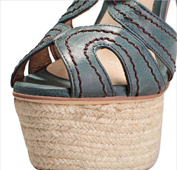Women's Full Grain Cowhide Leather Open Toe Straw Platform Thick Heel ...