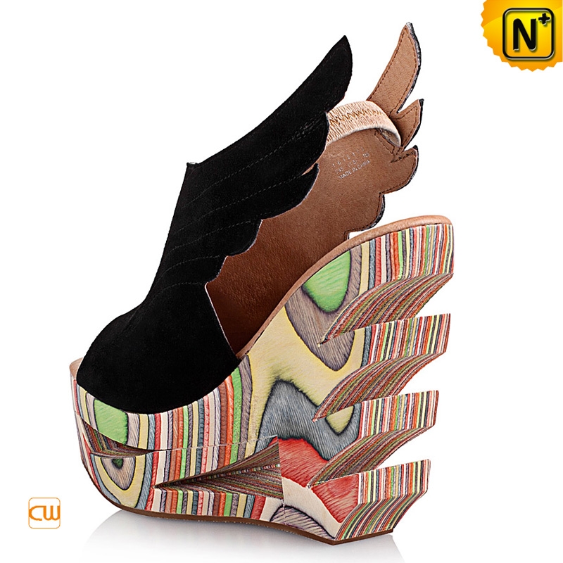 Free Shipping Open Toe Painting Wood Heel Wedges Nubuck Sheep leather ...