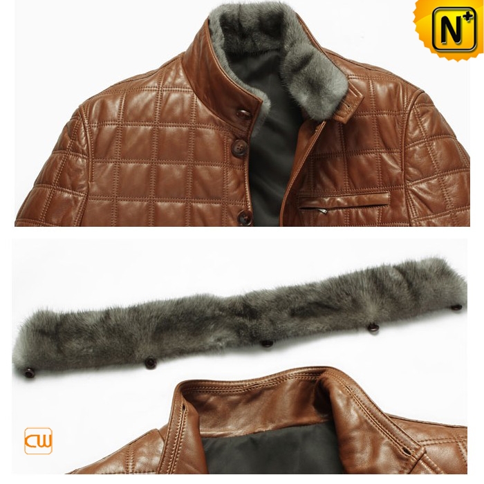 Men's Designer Checked Sheepskin Leather Padded Coat | CWMALLS