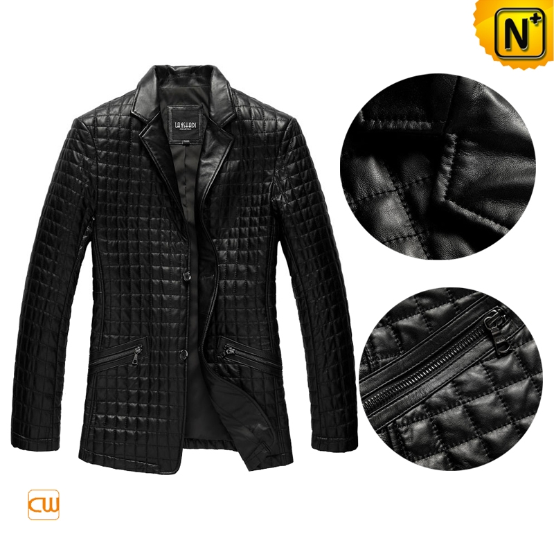 Men's Quilting Checkered Real Leather Blazer Jacket | CWMALLS
