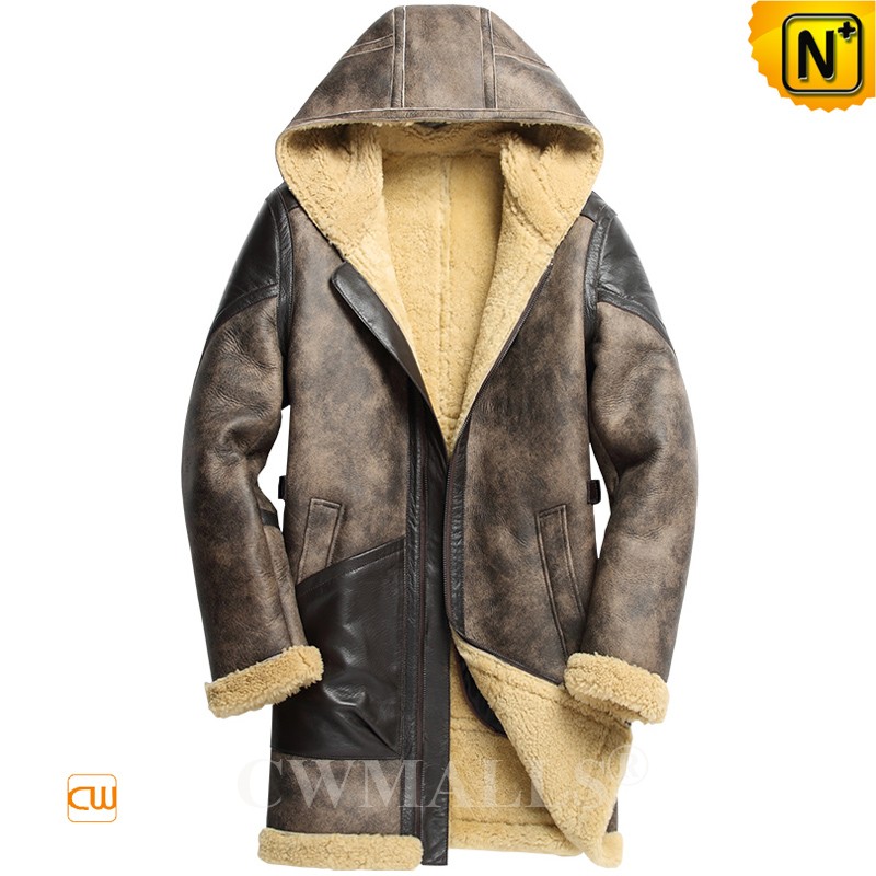 CWMALLS® Distressed Sheepskin Leather Hooded Coat CW808350