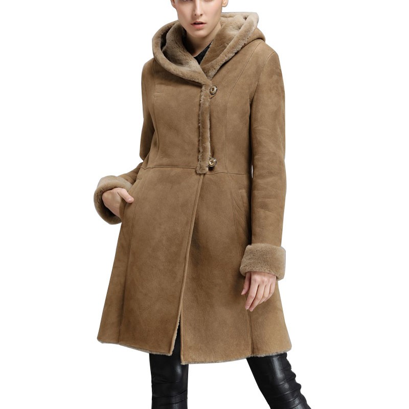 Knee Length Hooded Shearling Coat for Women CW640239